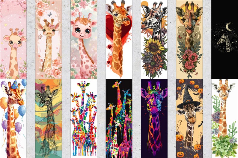 50 Giraffe Printable Bookmarks, Giraffe Digital Bookmark Sheets ...