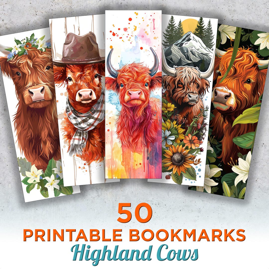 50 Highland Cow Printable Bookmarks, Cows Digital Bookmark Sheets ...