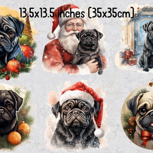 30 Christmas Pug Dog PNG Cliparts, Watercolor Black Pug Sublimation ...