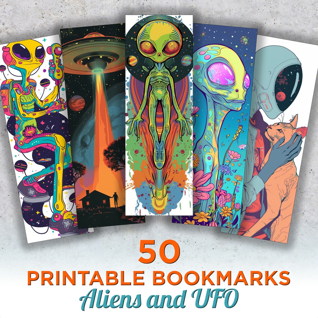 50 Alien and UFO Printable Bookmarks, Alien Digital Download Bookmark ...