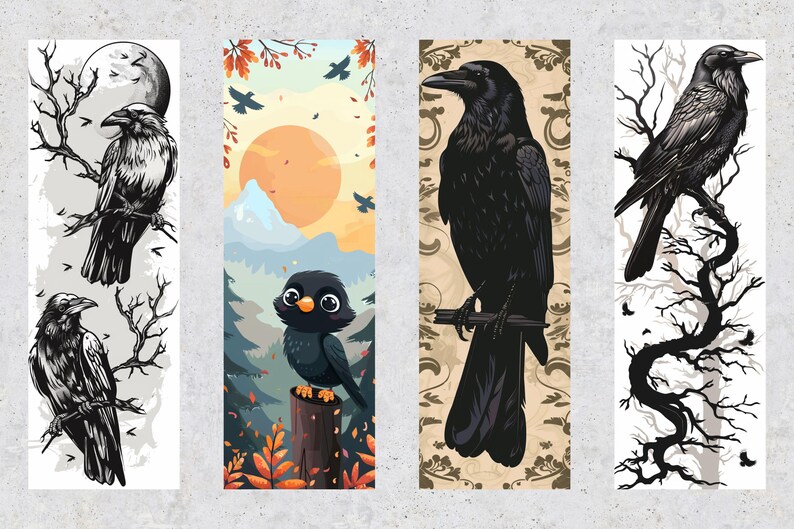 50 Raven Printable Bookmarks, Crow Digital Bookmark Sheets, Raven PNG ...