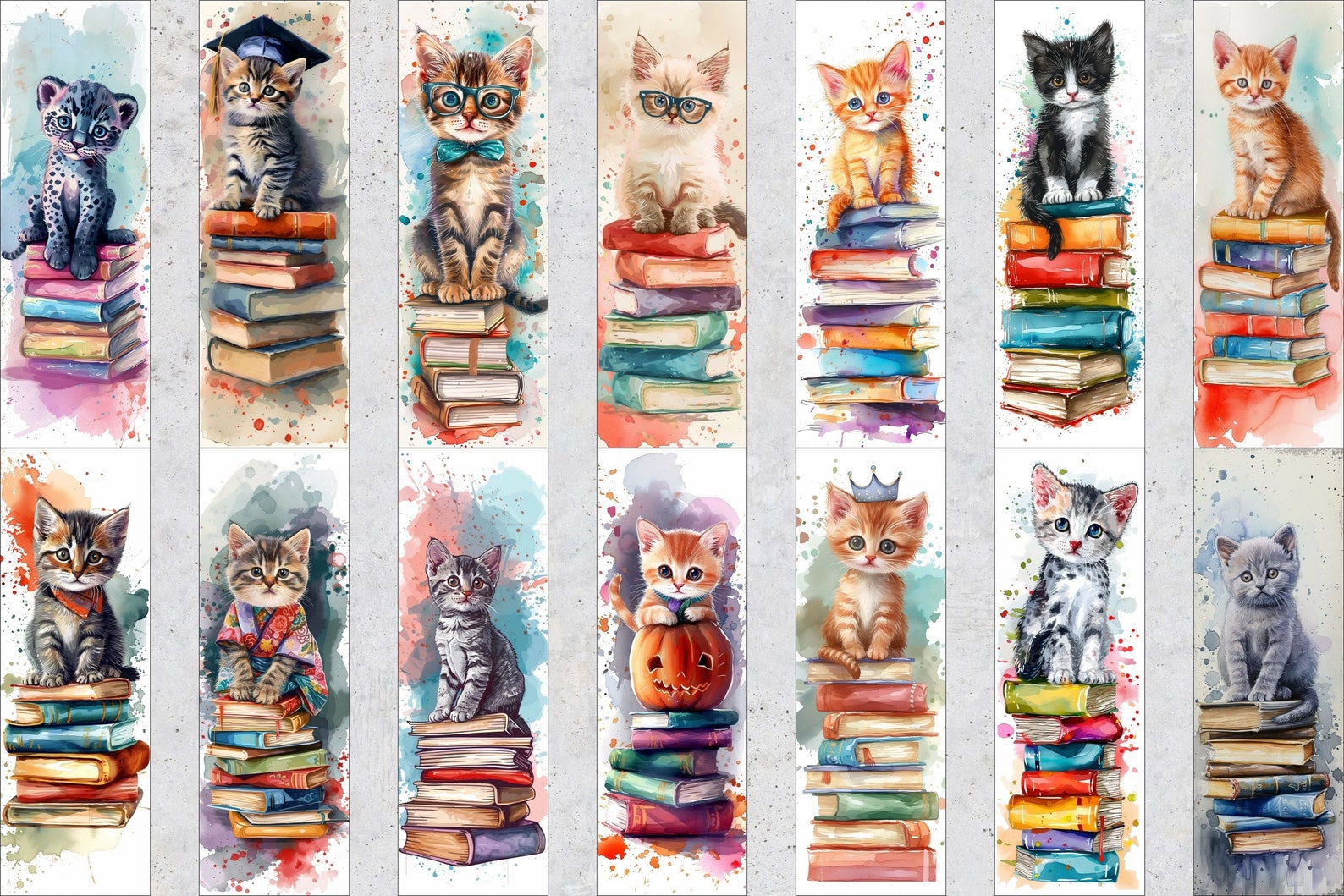 50 Cats on Books Printable Bookmarks, Kitten Digital Bookmark Sheets ...