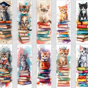 50 Cats on Books Printable Bookmarks, Kitten Digital Bookmark Sheets ...