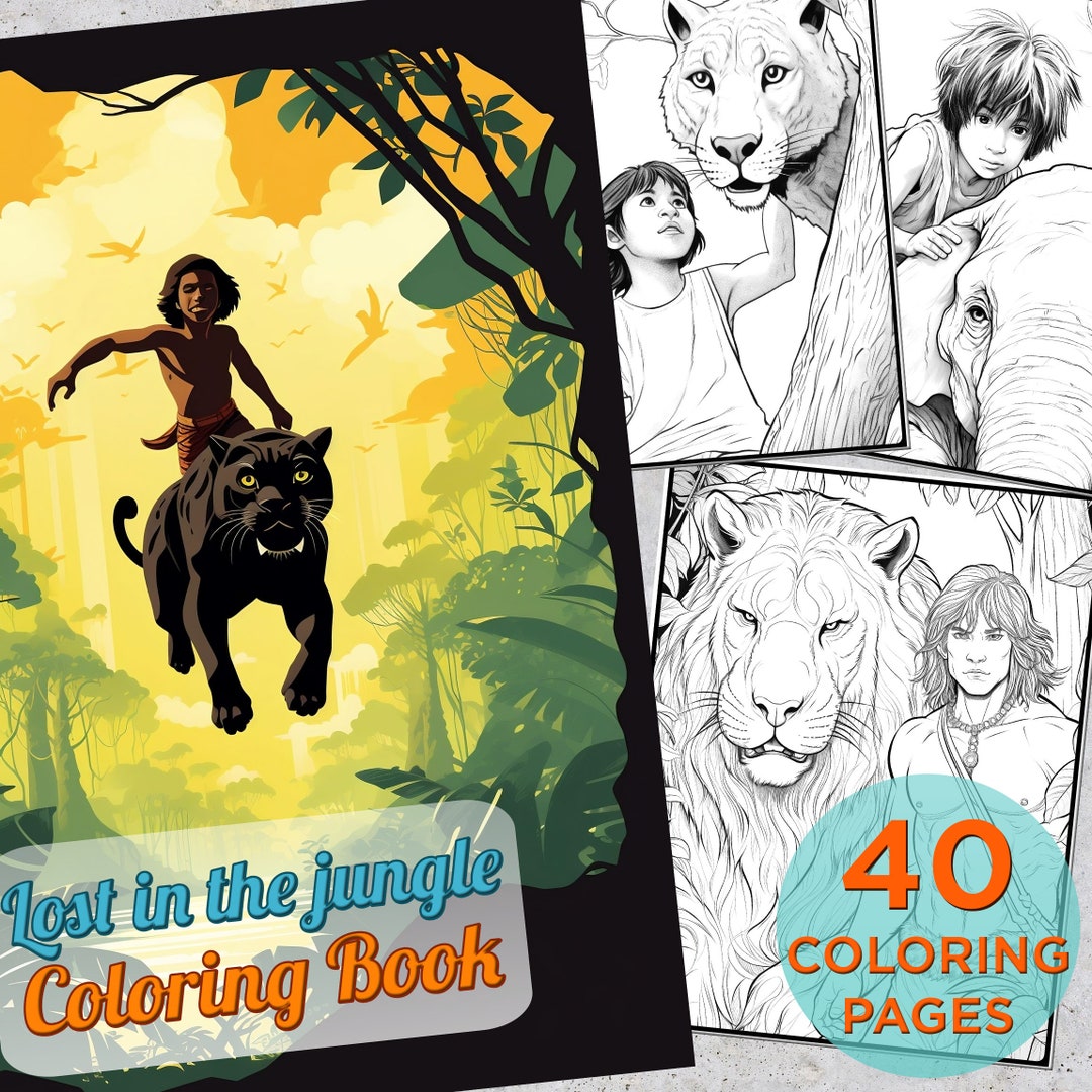 40 Lost in the Jungle Coloring Pages, Adults Printable Grayscale ...