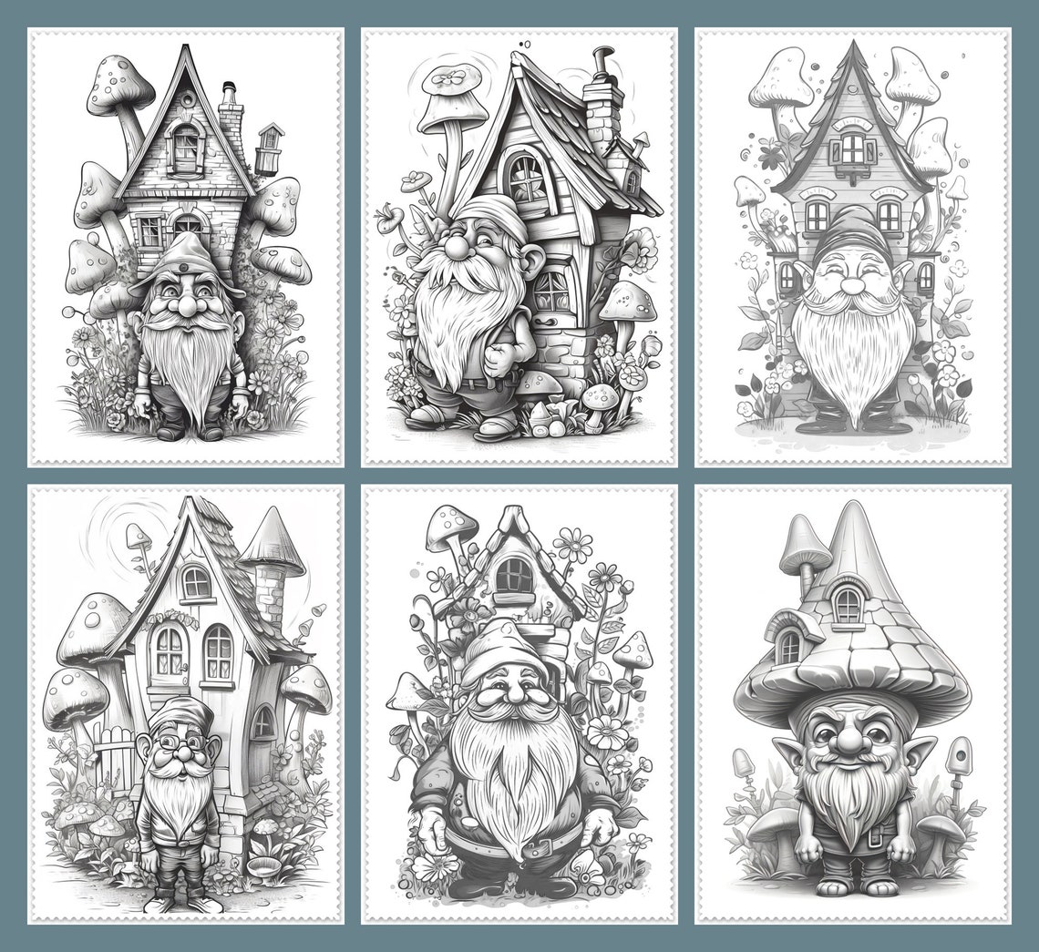 Garden Gnome Coloring Book Adults Kids Printable Grayscale - Etsy