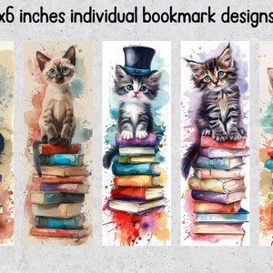 50 Cats on Books Printable Bookmarks, Kitten Digital Bookmark Sheets ...