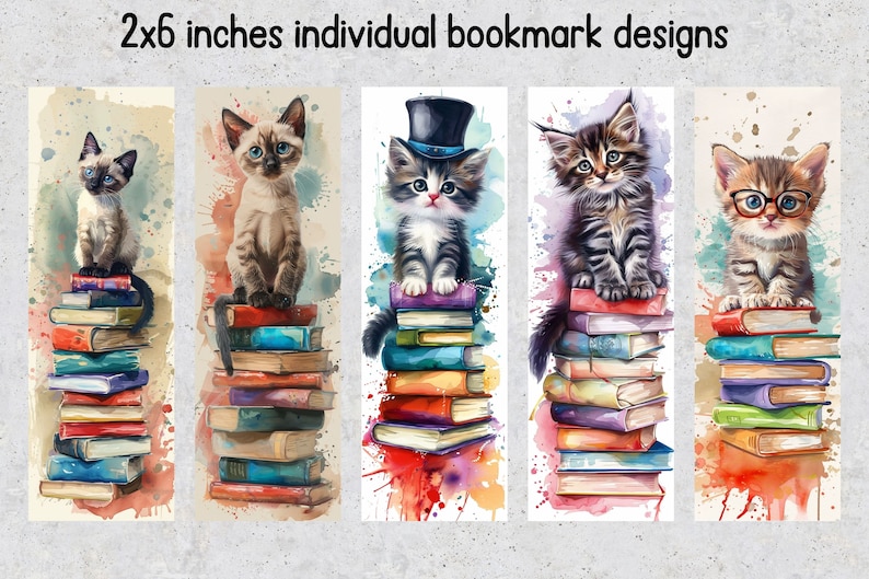 50 Cats on Books Printable Bookmarks, Kitten Digital Bookmark Sheets ...