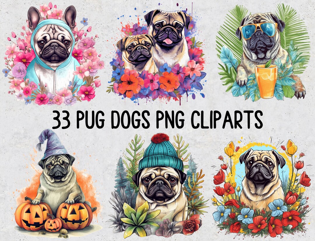 33 Pug Dogs PNG Cliparts, Watercolor Pug Dog and Flowers Sublimation ...