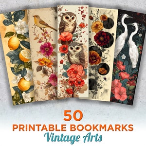50 Vintage Printable Bookmarks, Floral Rare Digital Download Bookmark ...
