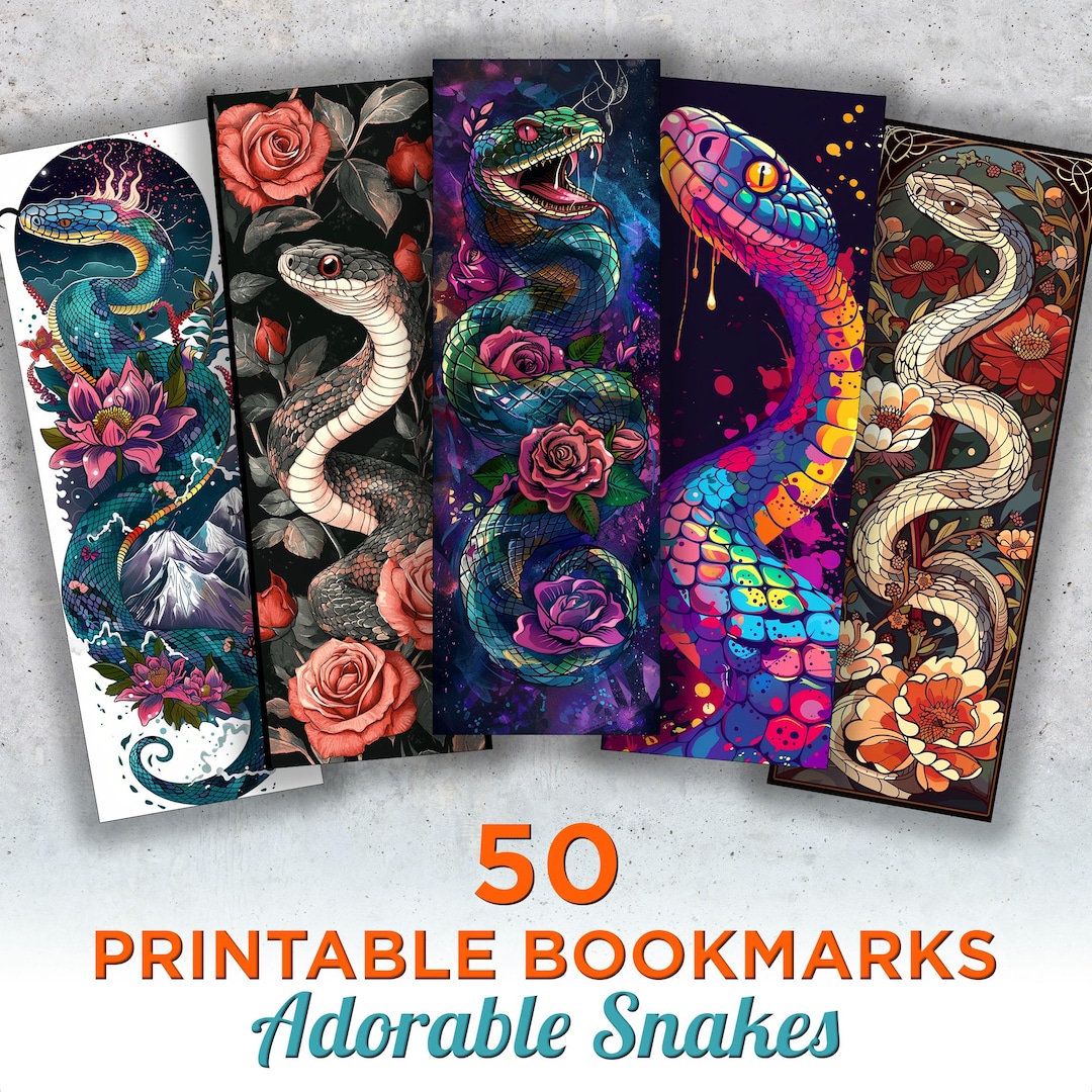 50 Snake Printable Bookmarks, Snake Digital Download Bookmark Sheet ...