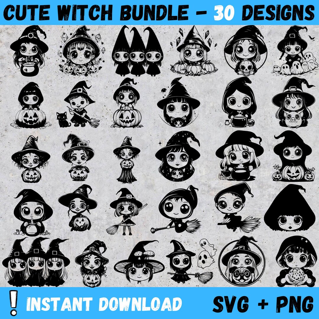30 Cute Witch PNG & SVG Bundle, Halloween Witches SVG Silhouettes ...