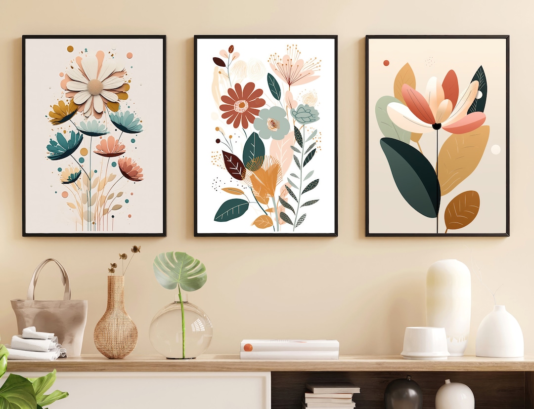 Set of 3 Abstract Flowers in Boho Style, Boho Printable Art, Wild ...