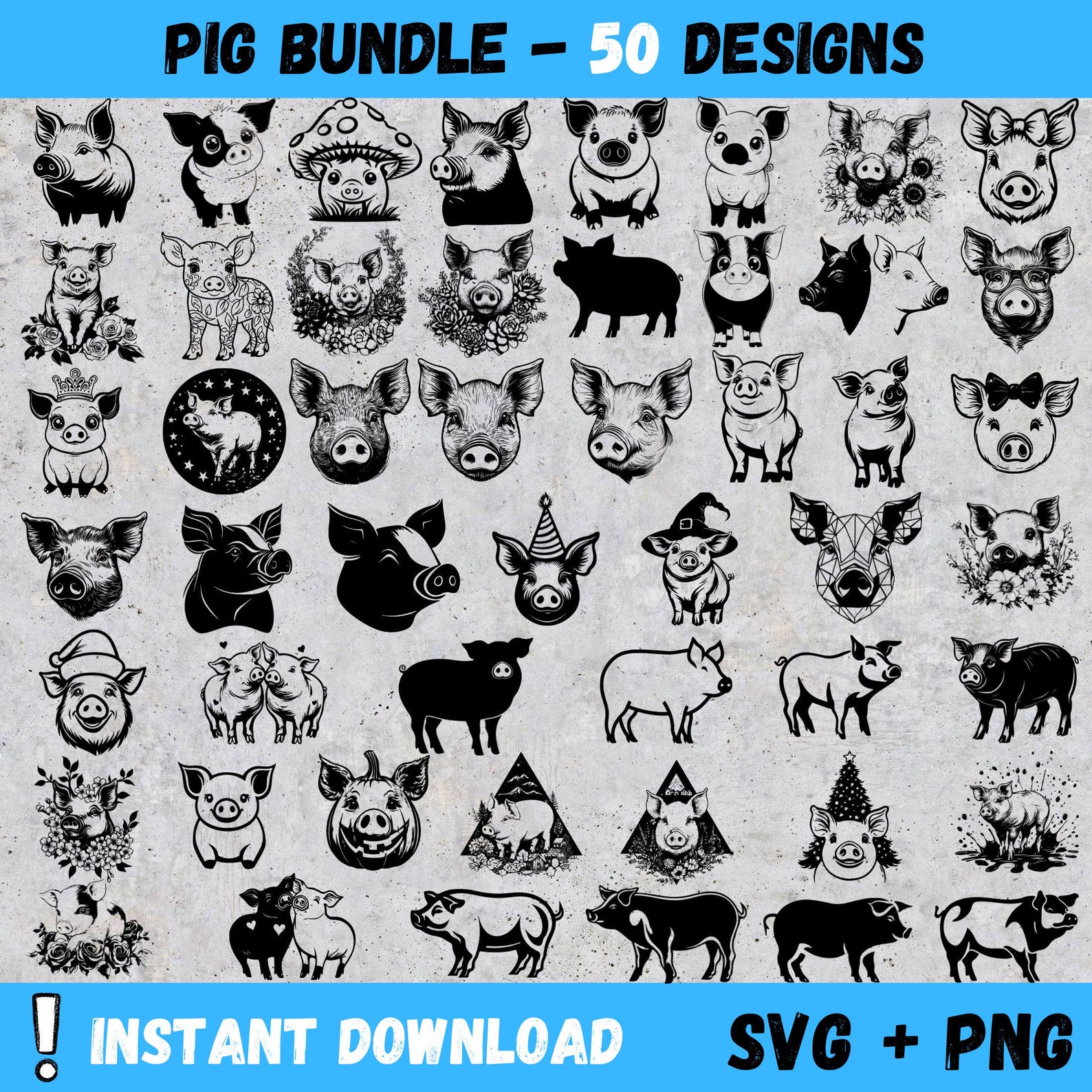 50 Pig PNG & SVG Bundle, Pigs SVG Silhouettes Sublimation, Pigs ...