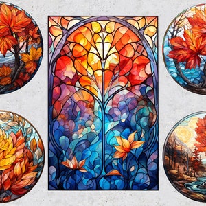 35 Autumn Stained Glass PNG Cliparts, Watercolor Autumn Stained Glass ...