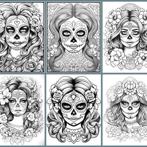 50 Sugar Skull Girls Coloring Pages V2, Adults Printable Grayscale ...