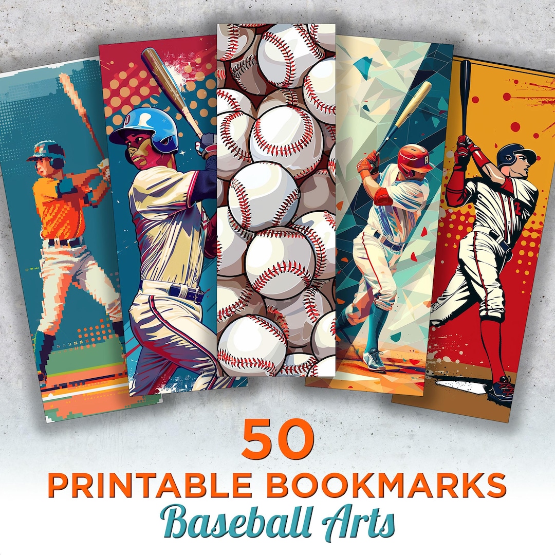 50 Baseball Printable Bookmarks, Baseball Digital Bookmark Sheets ...