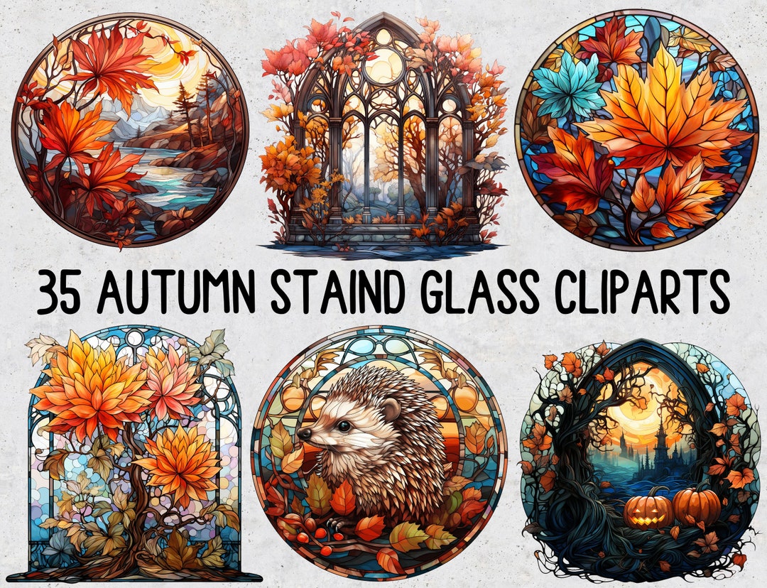 35 Autumn Stained Glass PNG Cliparts, Watercolor Autumn Stained Glass ...