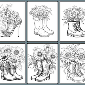 45 Floral Boots Coloring Pages, Blooming Shoes Printable Grayscale ...