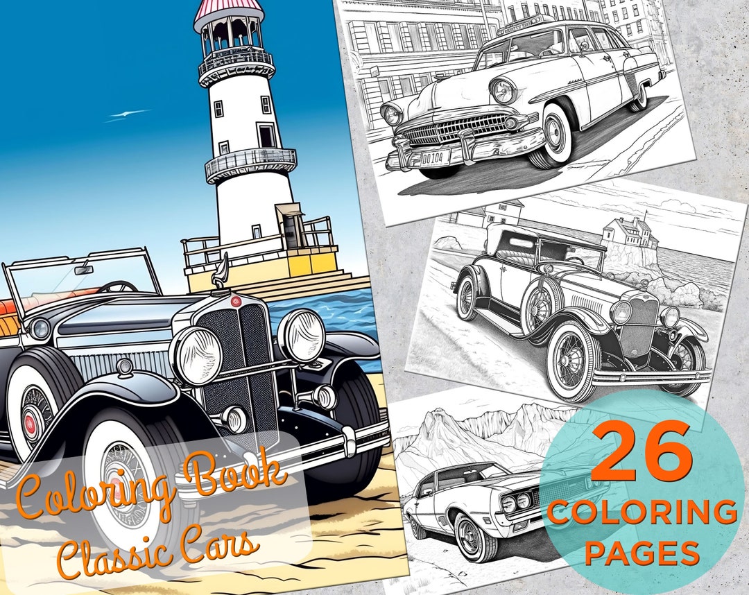 26 Classic Cars Coloring Pages, Adults Printable Grayscale Coloring ...