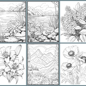 40 Botanical Coloring Pages, Floral Adults Printable Grayscale Coloring ...