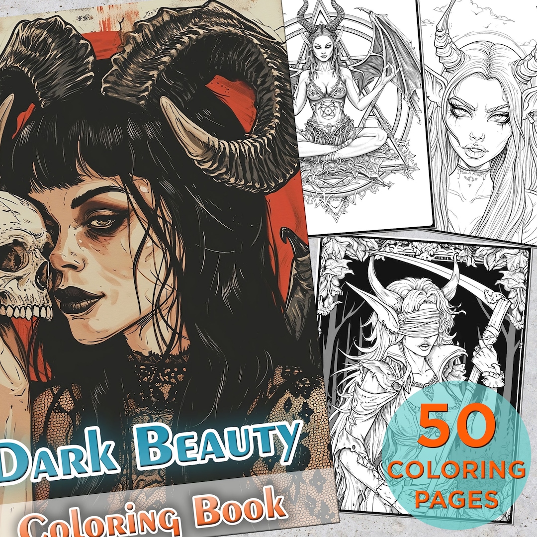 50 Dark Beauty Coloring Pages, Adults Horror Printable Grayscale ...