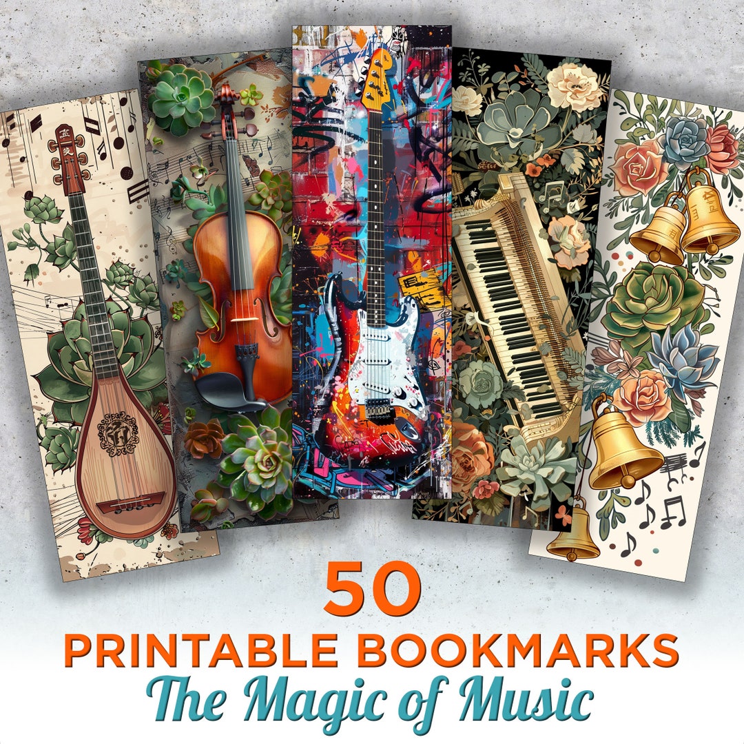 50 Musical Printable Bookmarks, Instruments Digital Download Bookmark ...