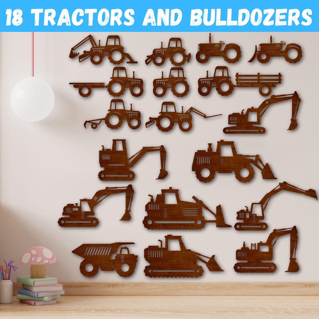 Tractors and Bulldozers SVG Bundle for Laser Cutting, 18 Designs for ...