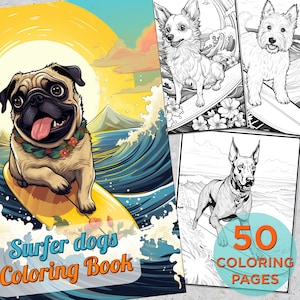 50 Surfing Dog Coloring Pages, Dogs on Boards Adult Printable Coloring ...