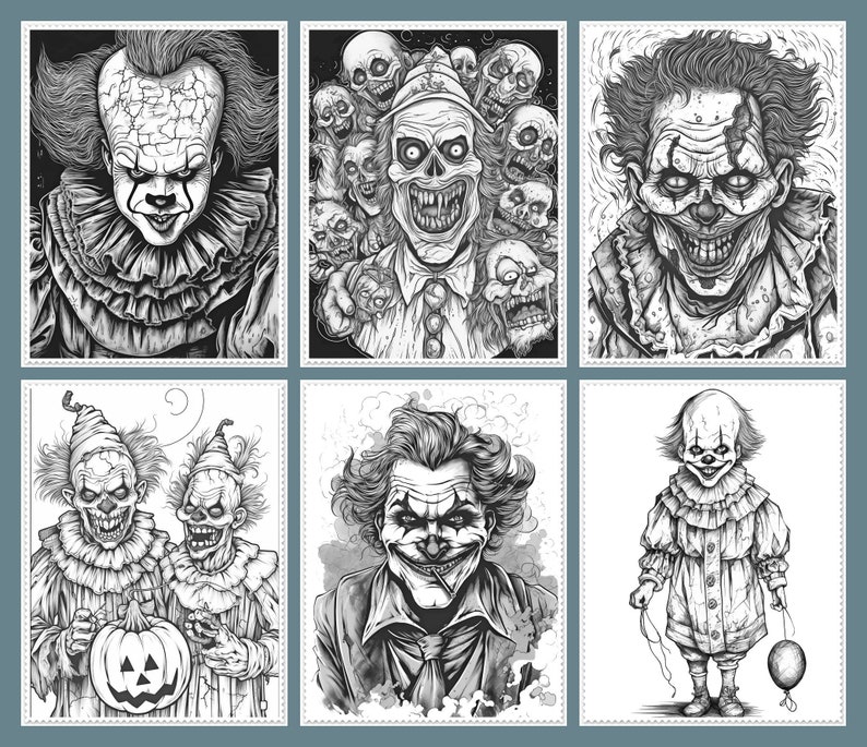 26 Evil Clowns Coloring Pages, Adults Printable Grayscale Coloring Book ...