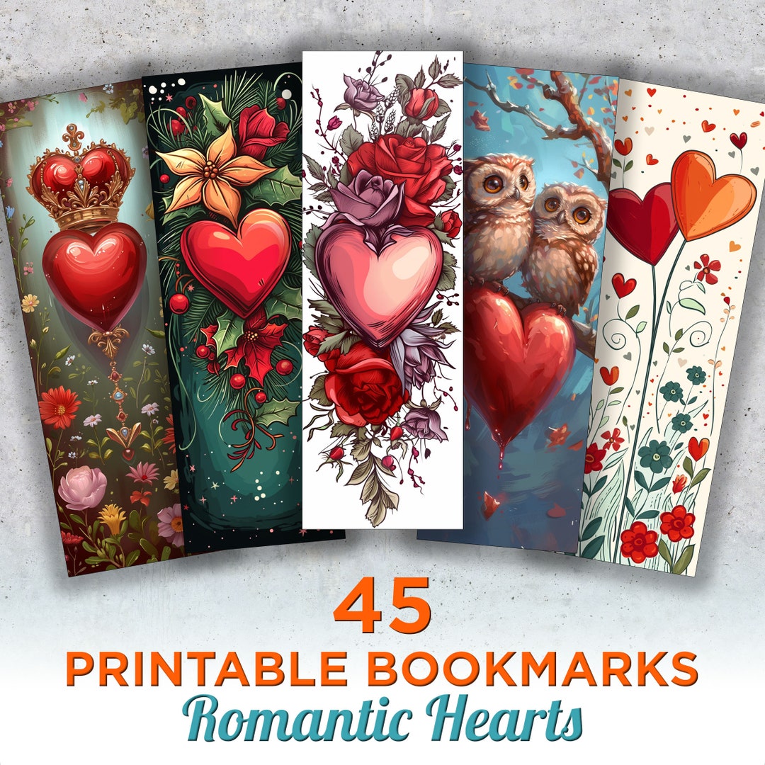 45 Romantic Hearts Printable Bookmarks, Heart Digital Download Bookmark ...