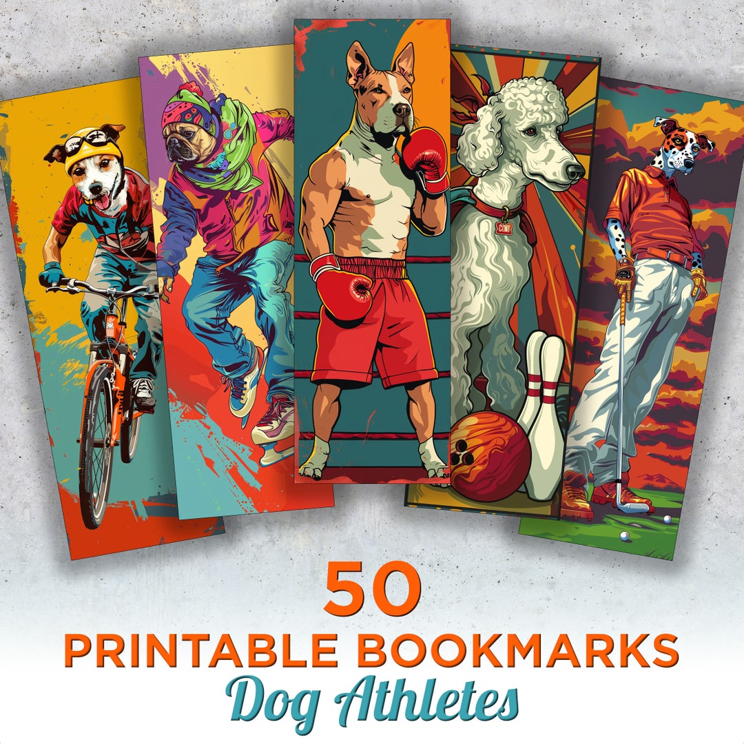 50 Dog Athletes Printable Bookmarks, Dogs Digital Download Bookmark ...