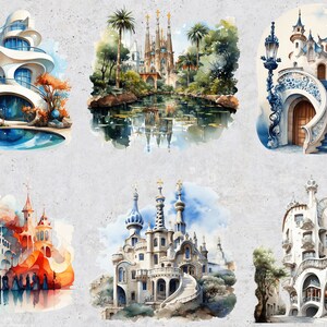32 Antonio Gaudi PNG Cliparts, Watercolor Gaudi Sublimation SVG, Set of ...