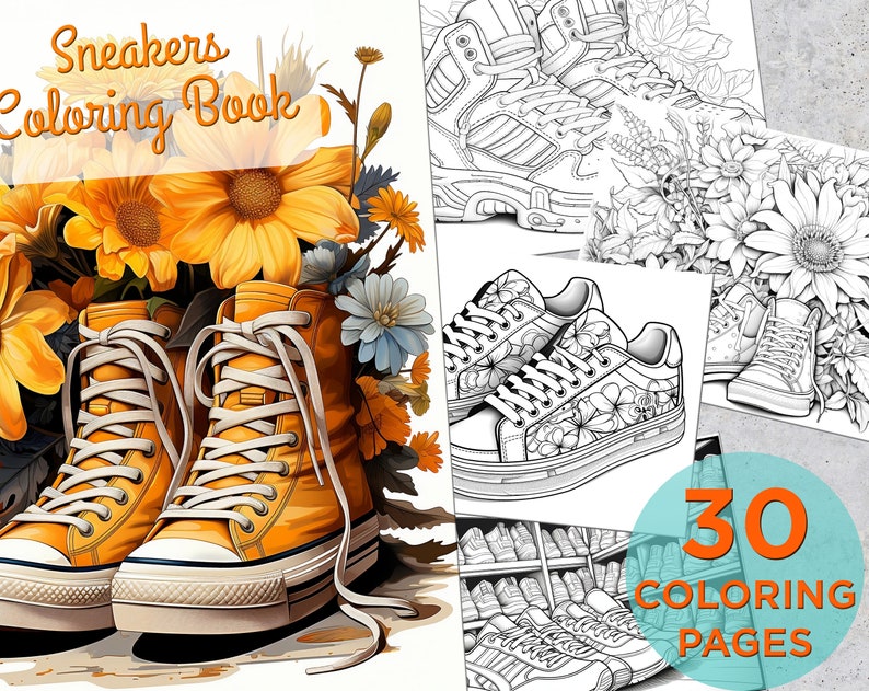 30 Sneakers Coloring Pages, Adults Printable Grayscale Coloring Book ...