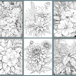 40 Botanical Coloring Pages, Floral Adults Printable Grayscale Coloring ...