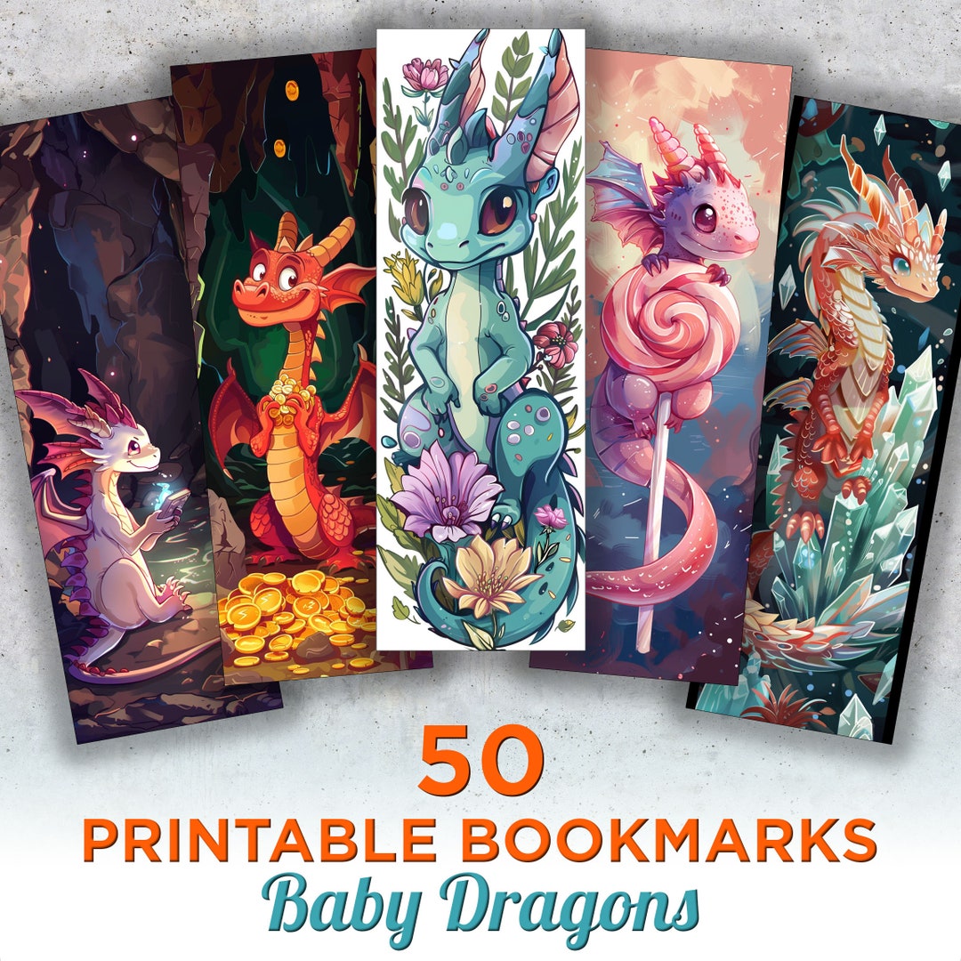 50 Baby Dragon Printable Bookmarks, Dragon Digital Download Bookmark ...