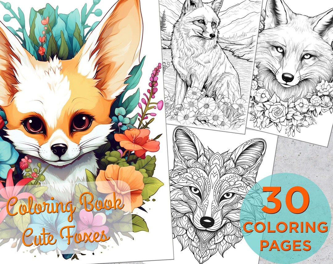 30 Cute Foxes Coloring Pages, Foxes Adults Kids Printable Grayscale ...