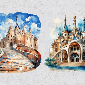 32 Antonio Gaudi PNG Cliparts, Watercolor Gaudi Sublimation SVG, Set of ...