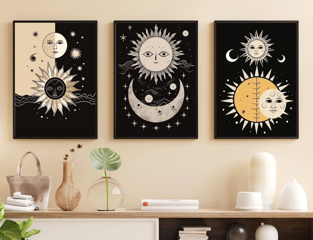 Set of 3 Sun and Moon Abstract Art in Boho Style, Boho Printable Art ...