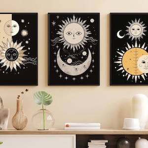 Set of 3 Sun and Moon Abstract Art in Boho Style, Boho Printable Art ...
