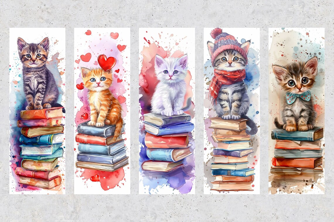 50 Cats on Books Printable Bookmarks, Kitten Digital Bookmark Sheets ...