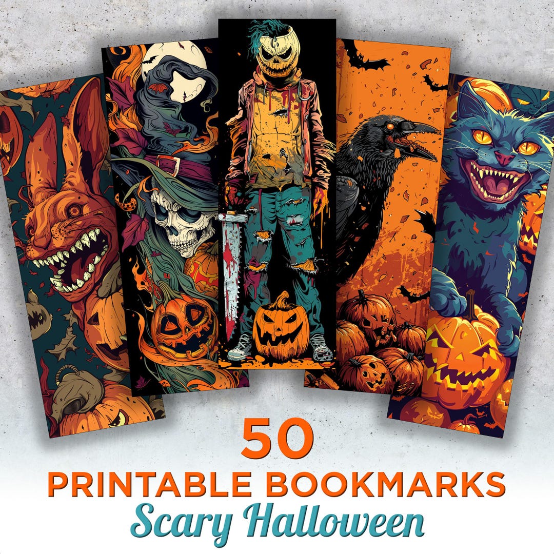 50 Scary Halloween Printable Bookmarks, Horror Digital Bookmark Sheets ...