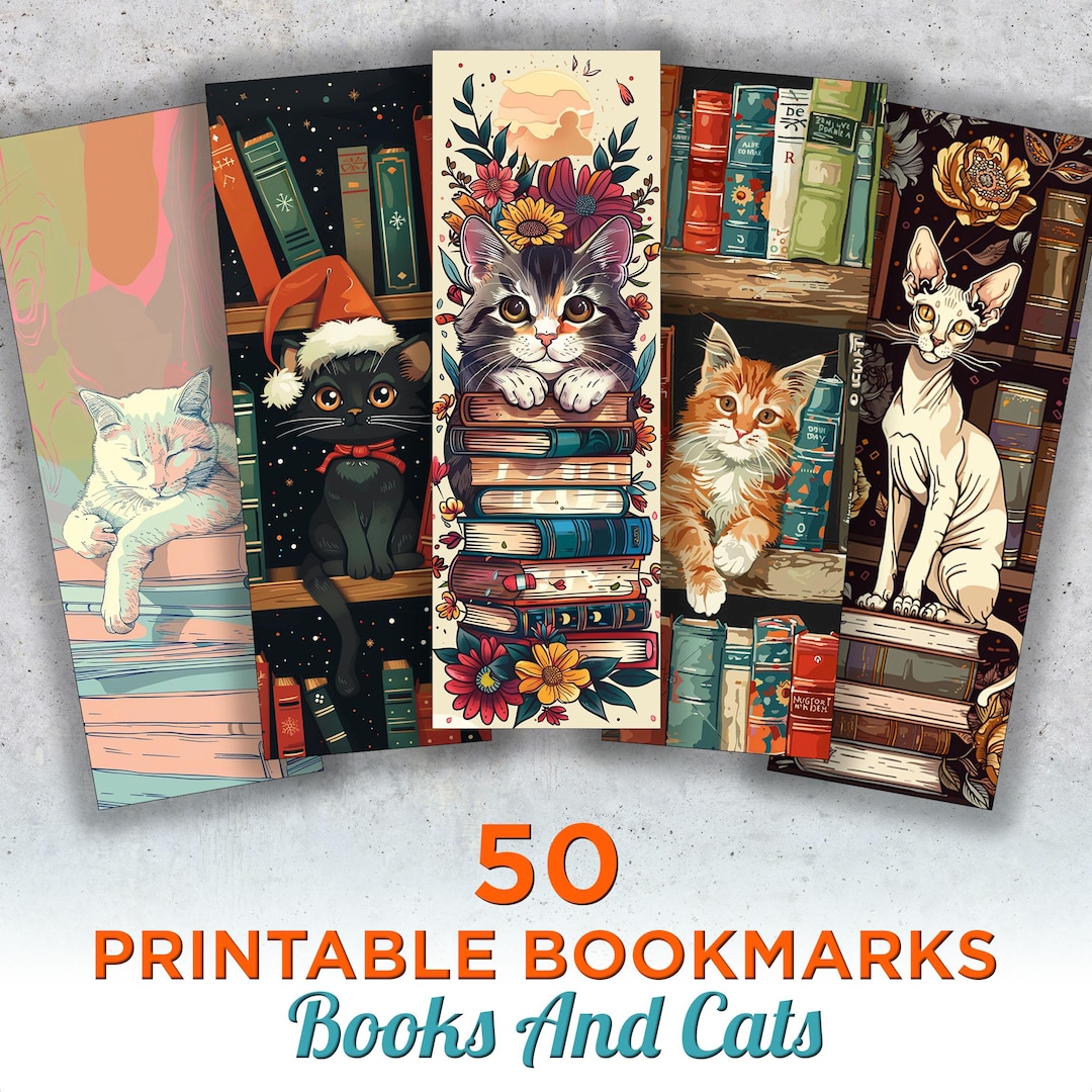 50 Books and Cats Printable Bookmarks, Kitten Digital Bookmark Sheets ...