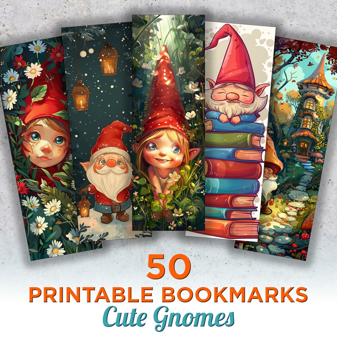 50 Cute Gnome Printable Bookmarks, Cute Gnome Digital Download Bookmark ...