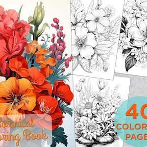 40 Botanical Coloring Pages, Floral Adults Printable Grayscale Coloring ...