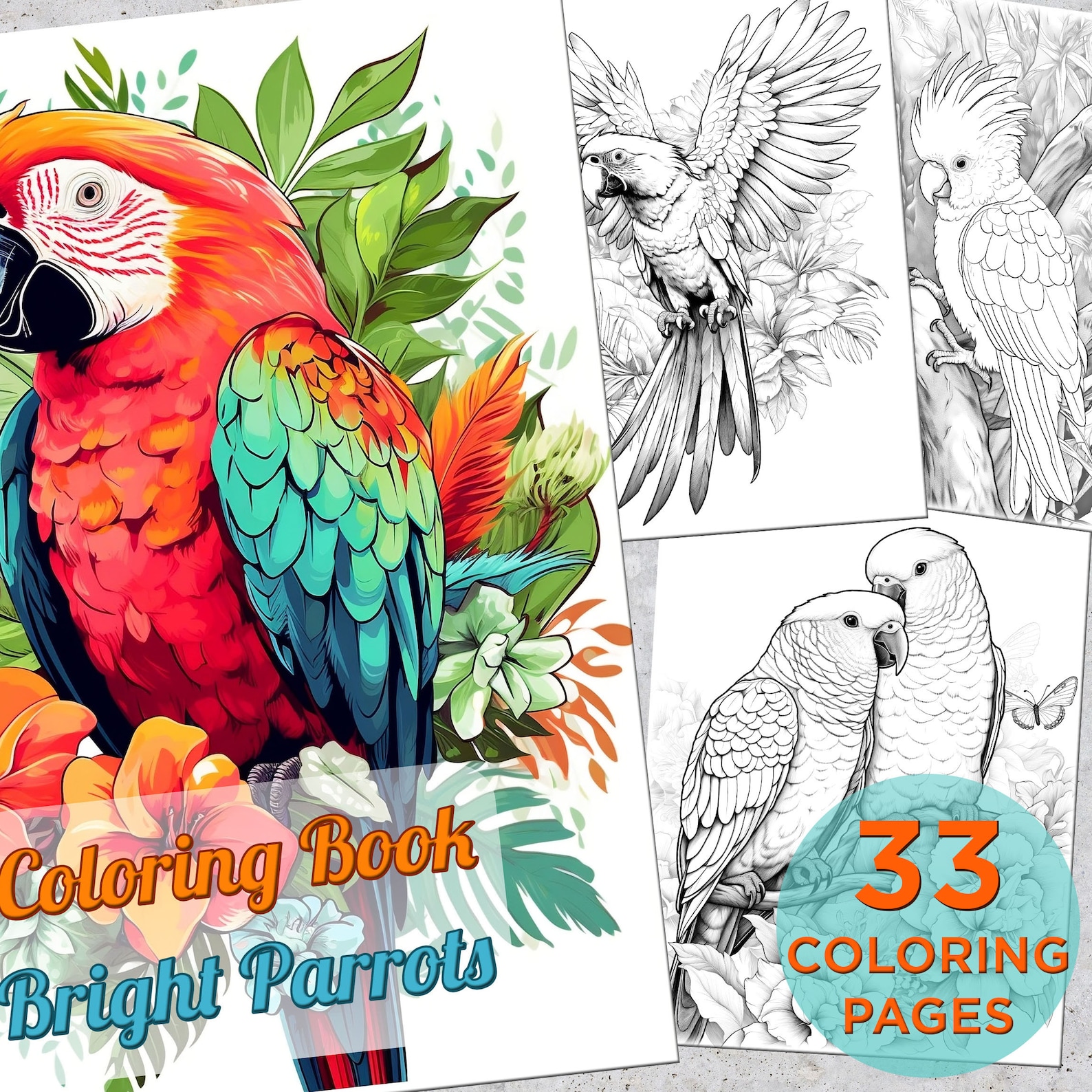 33 Parrots Coloring Pages, Parrots Adults Kids Printable Grayscale ...