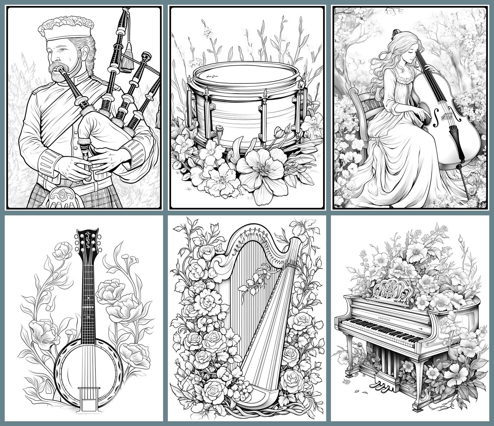 30 Melodious Coloring Pages, Music Printable Grayscale Coloring Book ...