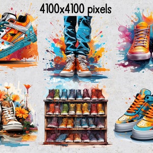 32 Sneakers PNG Cliparts, Watercolor Floral Sneakers Sublimation, Set ...