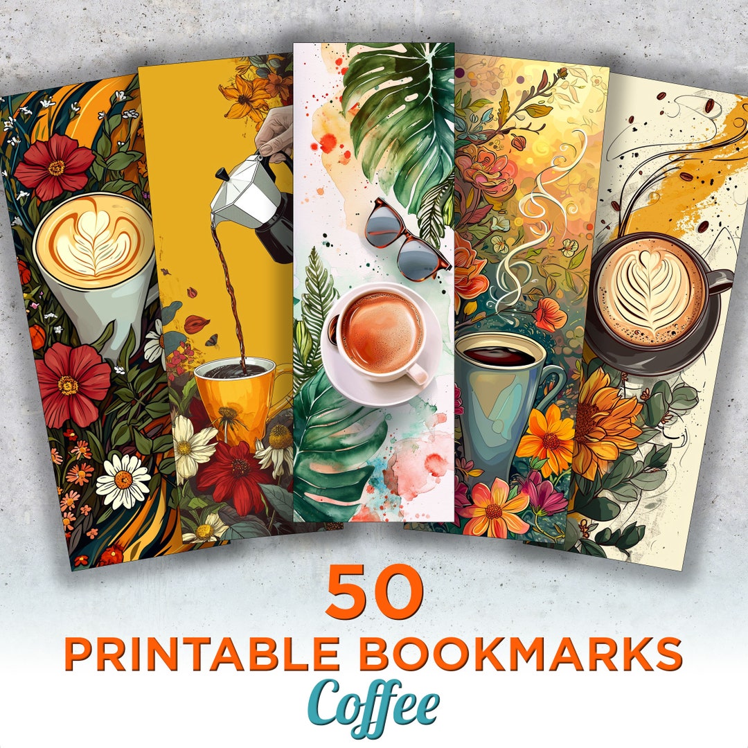 50 Coffee Printable Bookmarks, Coffee Digital Download Bookmark Sheets ...