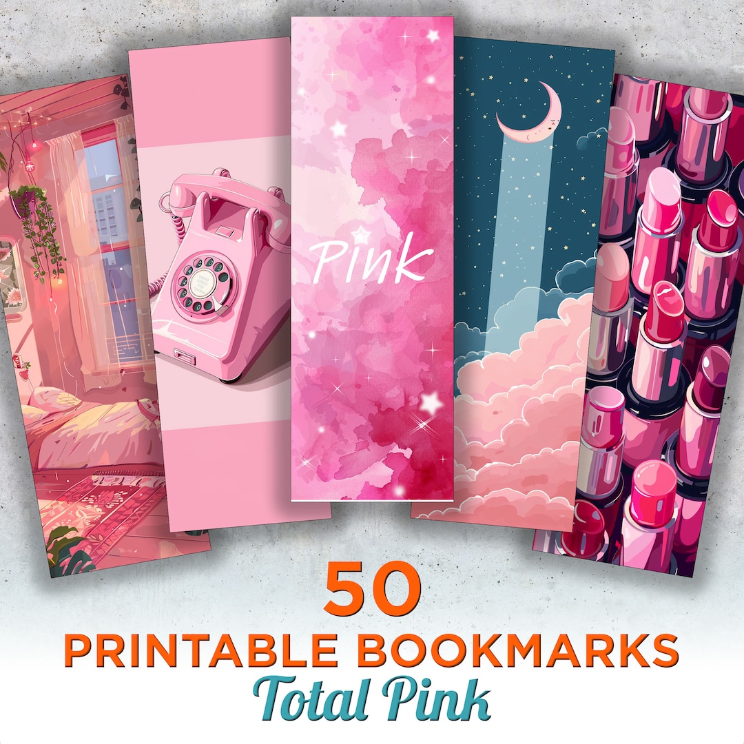 50 Total Pink Printable Bookmarks, Pink Digital Download Bookmark ...