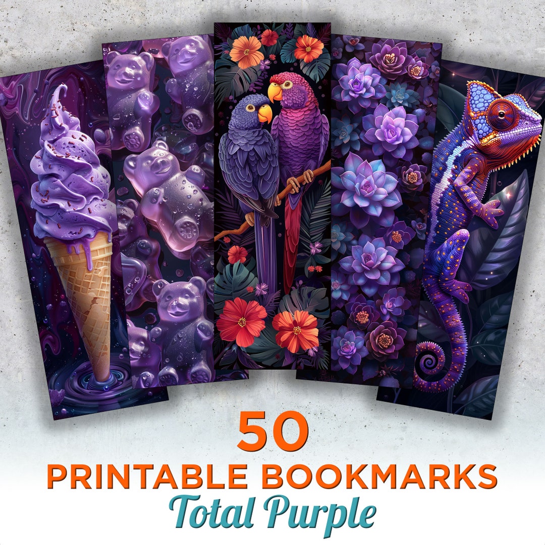 50 Total Purple Printable Bookmarks, Purple Digital Download Bookmark ...